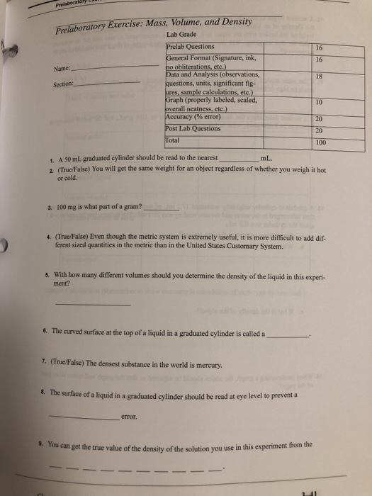 Solved Prolaborally Prelaboratory Exercise: Mass, Volume, | Chegg.com