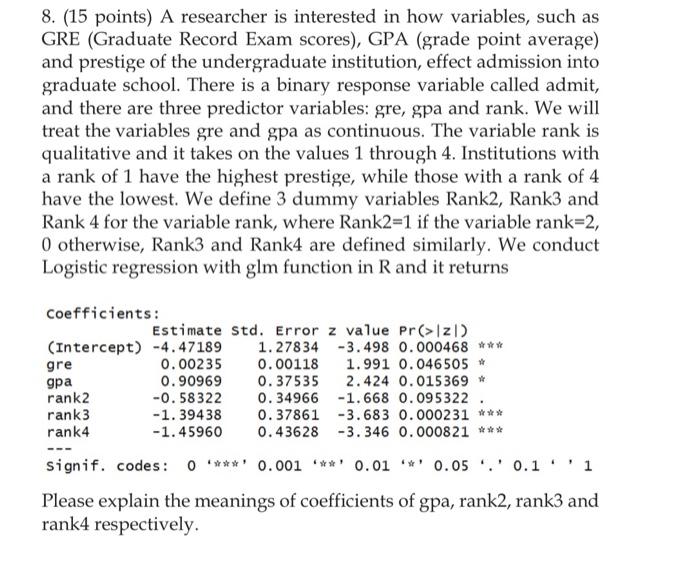 Solved 8. (15 points) A researcher is interested in how | Chegg.com