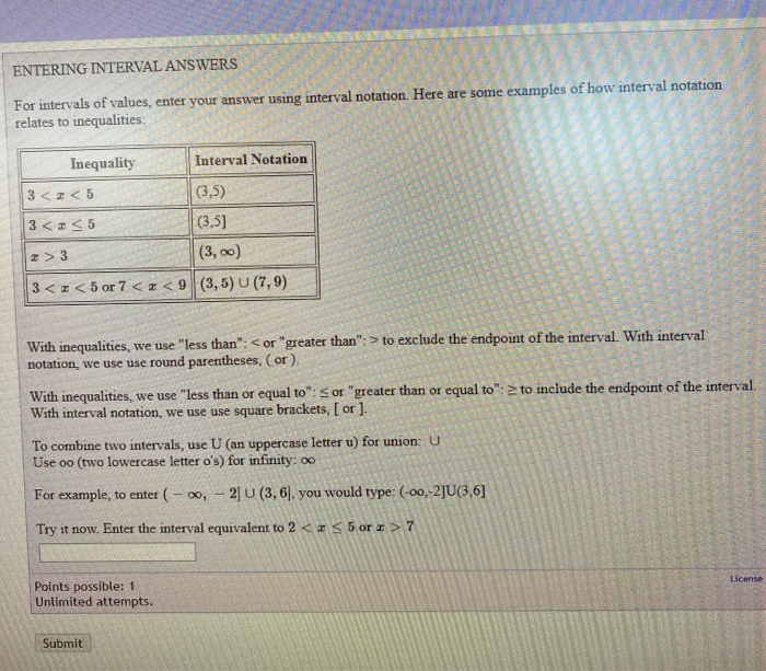 Solved an ENTERING INTERVAL ANSWERS For intervals of values, | Chegg.com