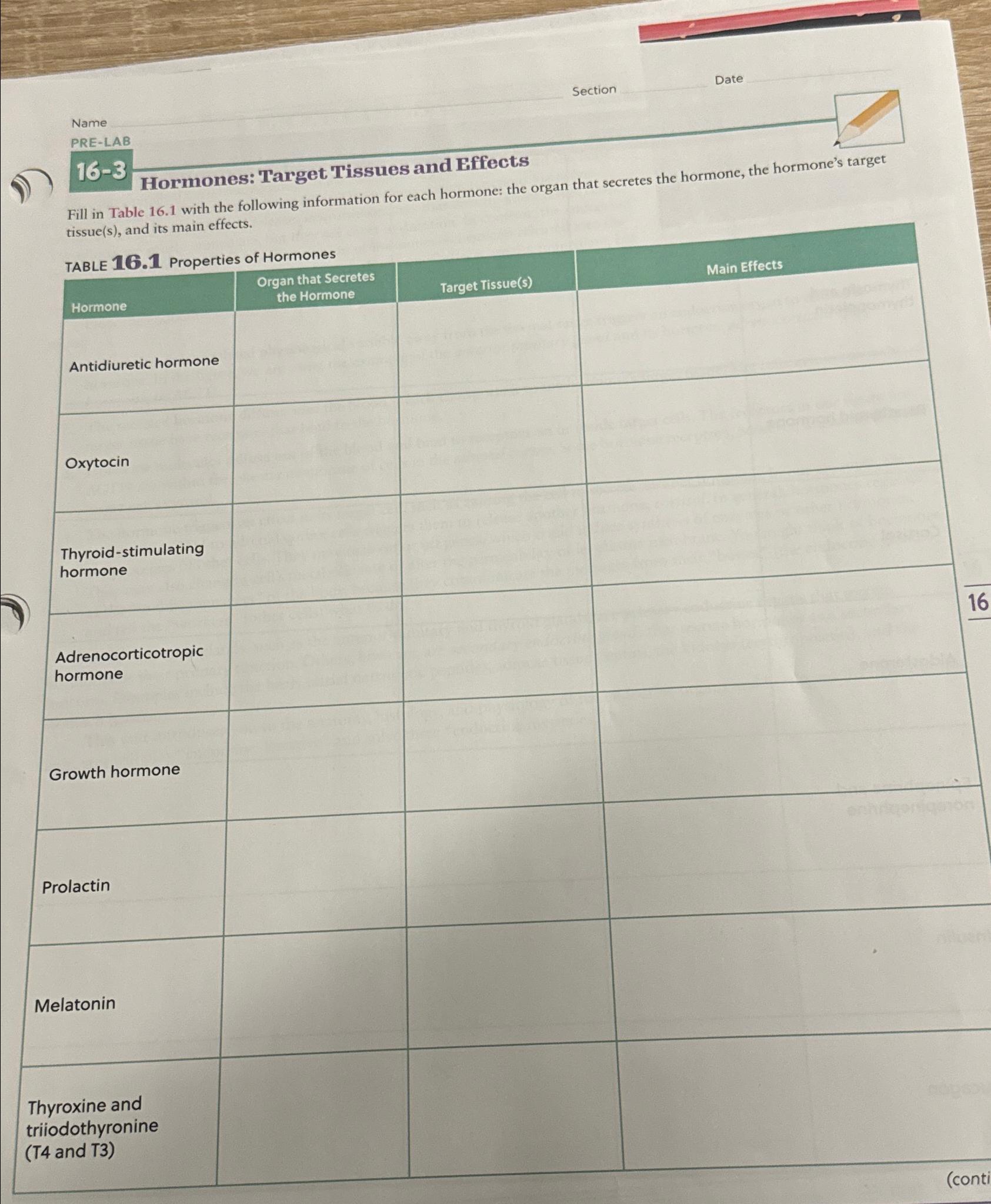 Solved SectionDateNamePRE-LAB16-3Hormones: Target Tissues | Chegg.com