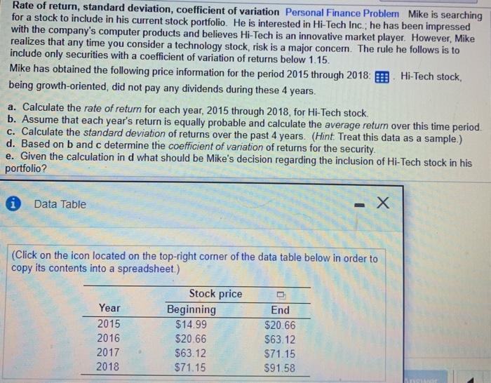 Solved Rate of return, standard deviation, coefficient of | Chegg.com