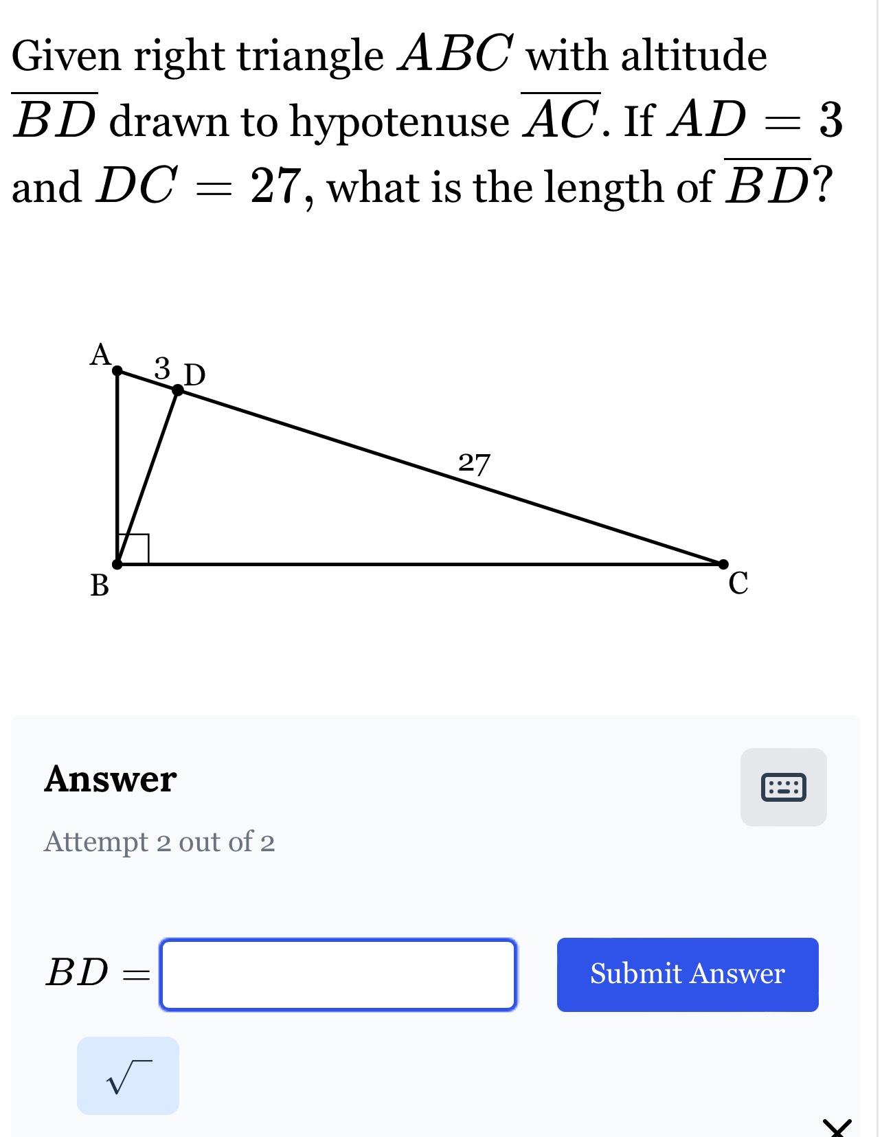 Solved Given right triangle ABC with altitude BD drawn to | Chegg.com