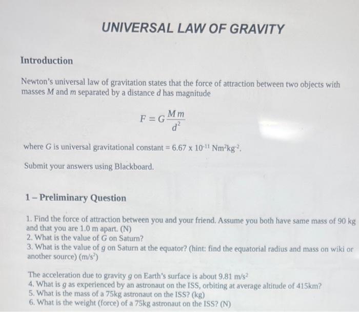 Solved UNIVERSAL LAW OF GRAVITY Introduction Newton's | Chegg.com