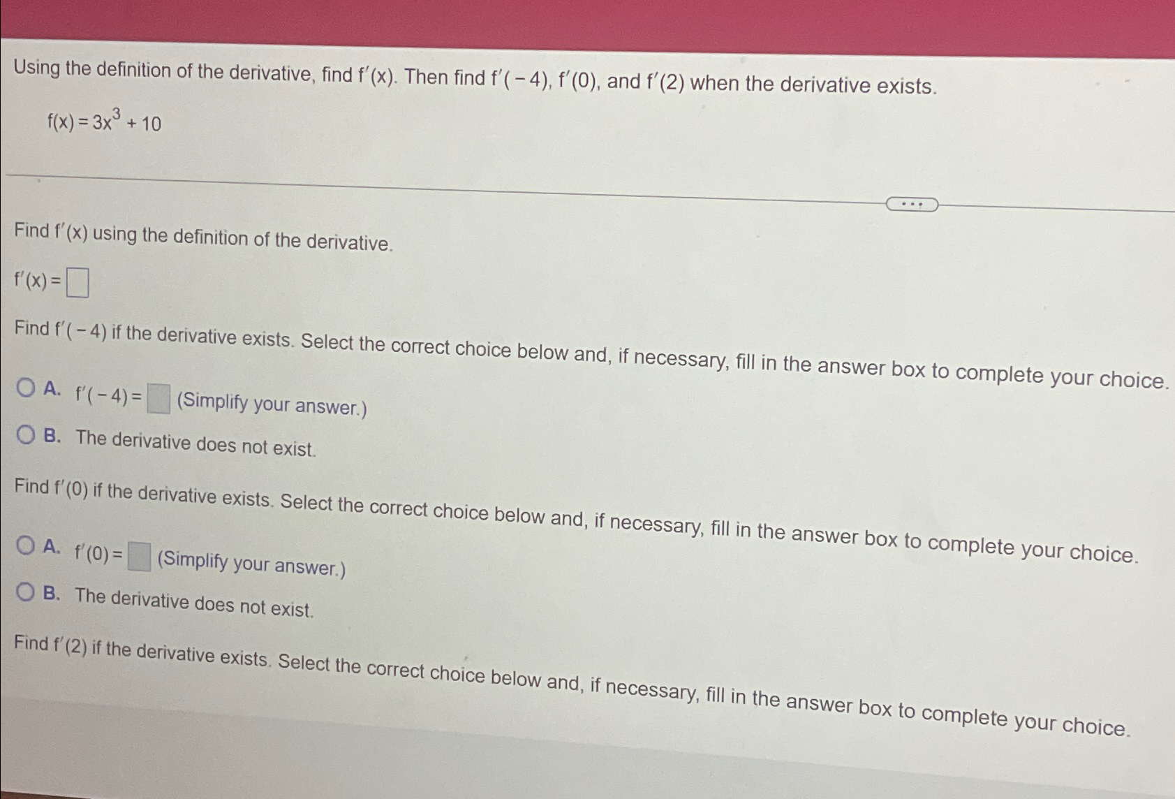 Solved Using the definition of the derivative, find f'(x). | Chegg.com