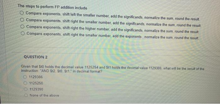 Solved The steps to perform FP addition include Compare | Chegg.com