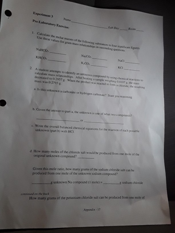 Solved Experiment 3 Pre-Laboratory Exercise: Name Lab Day | Chegg.com