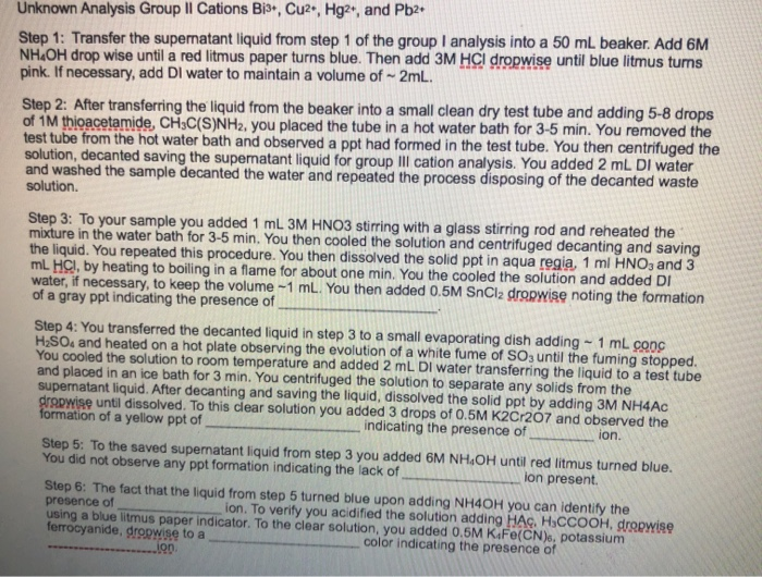 Solved Unknown Analysis Group II Cations Bist, Cu2+, Hg2+, | Chegg.com