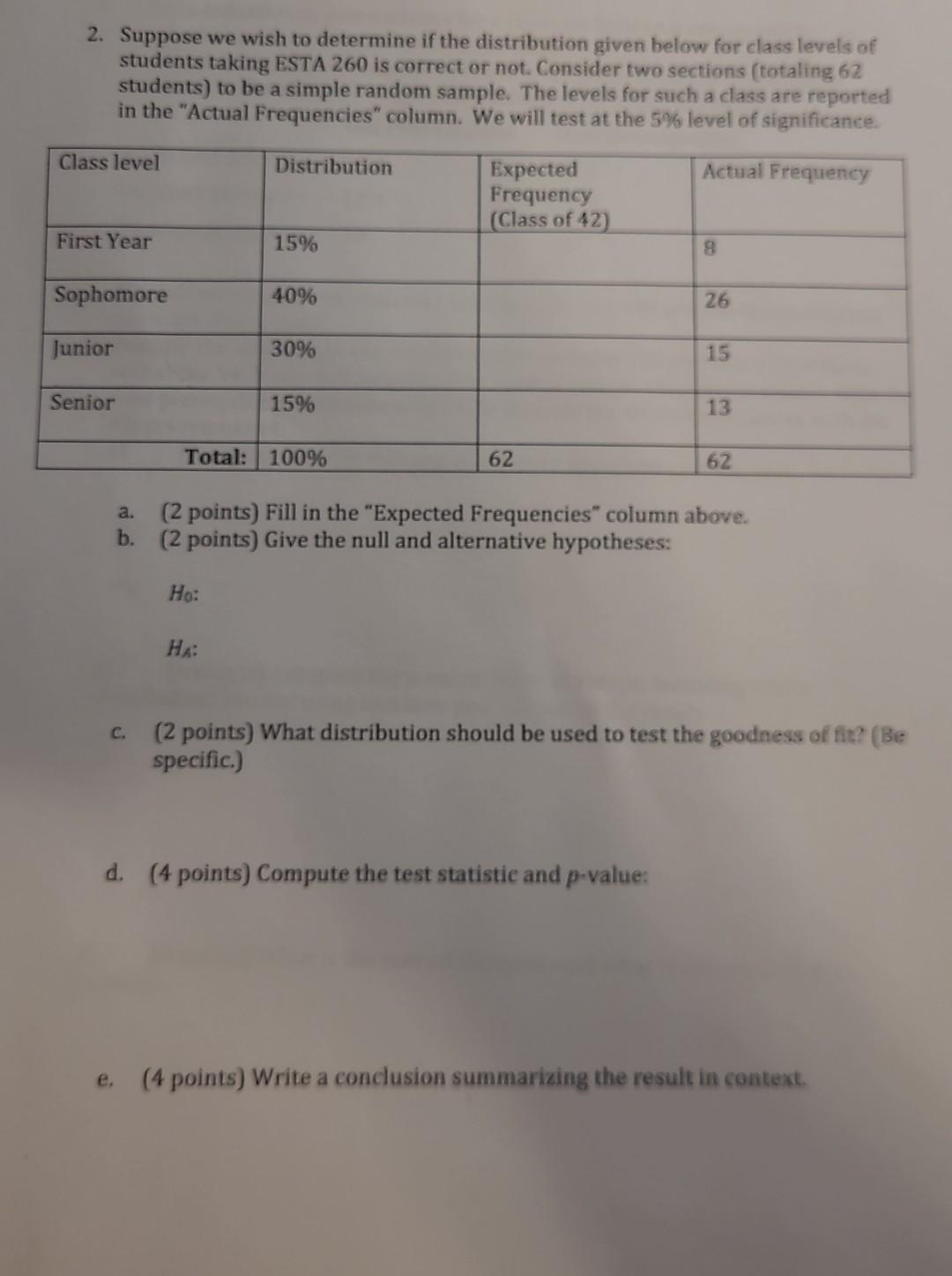 [Solved]: 2. Suppose we wish to determine if the distri