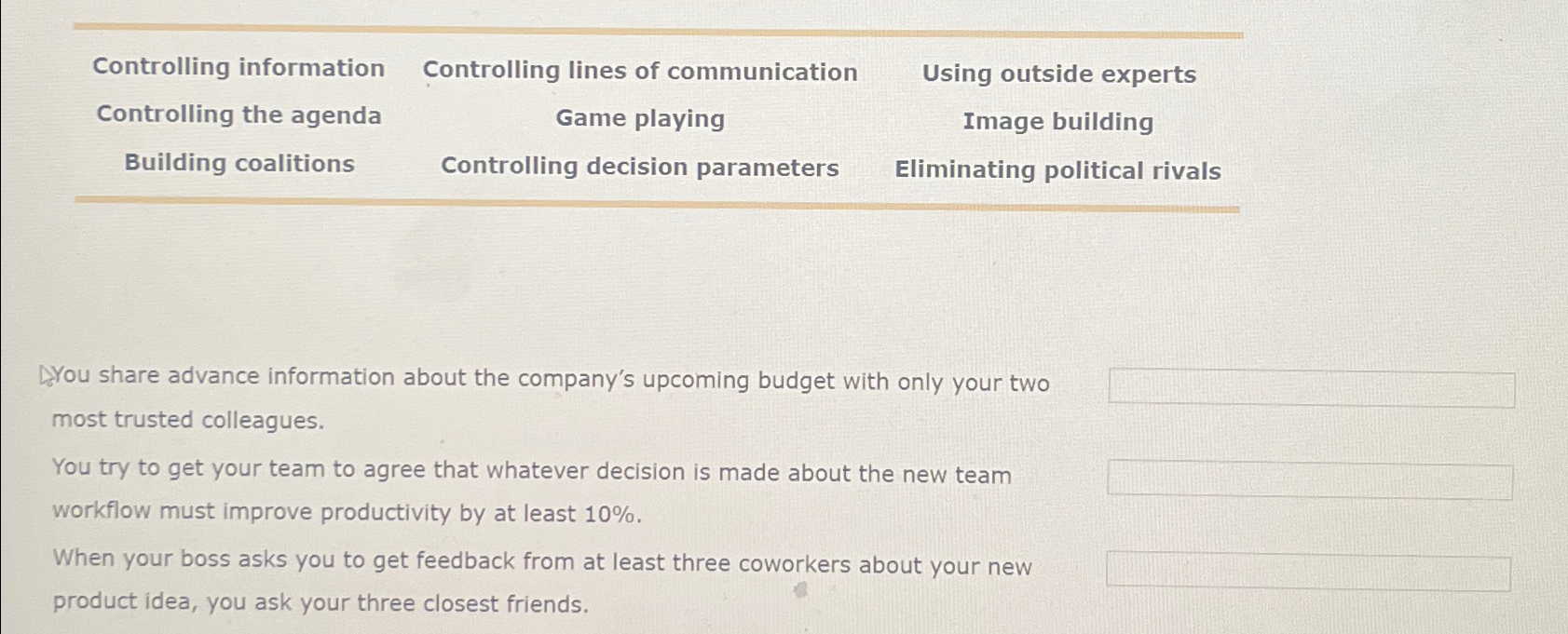 Solved Controlling informationControlling the agendaBuilding | Chegg.com