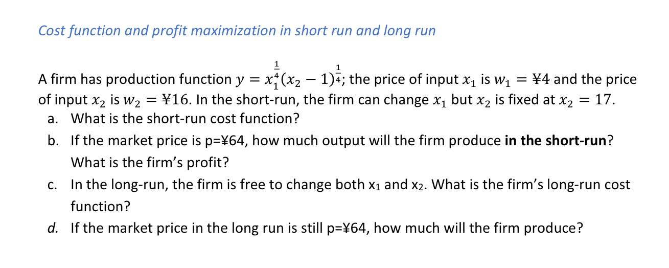 Solved Cost function and profit maximization in short run | Chegg.com