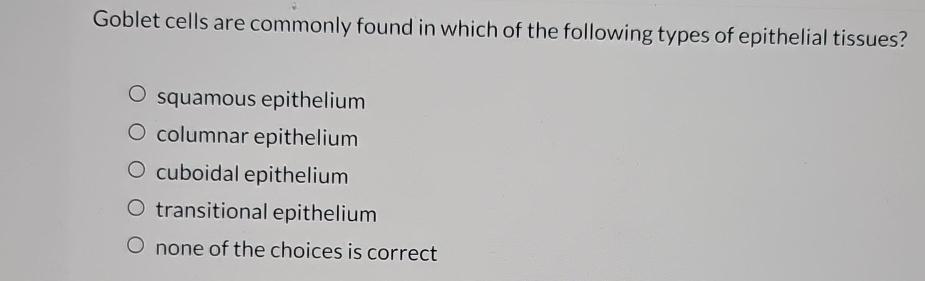 Solved Goblet cells are commonly found in which of the | Chegg.com