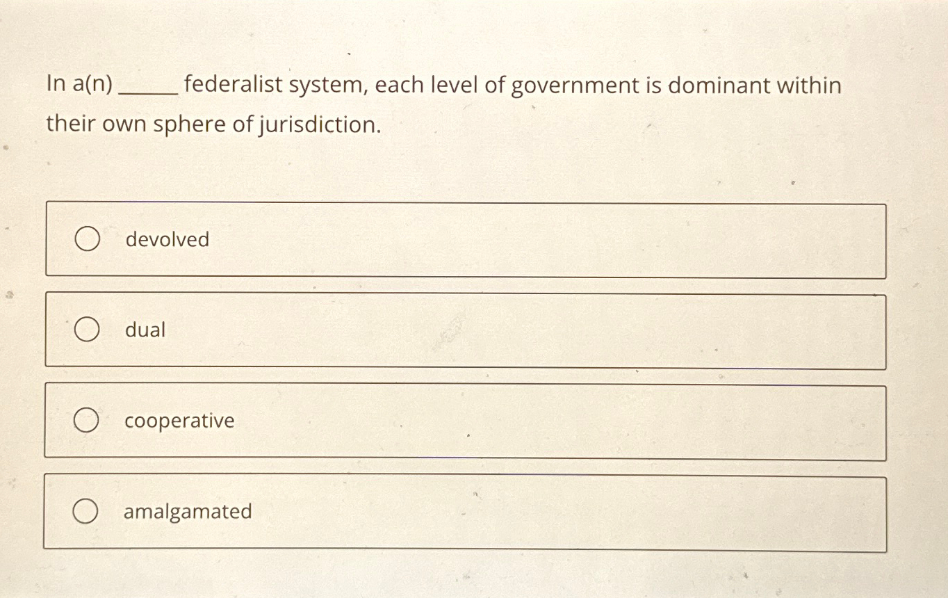 Solved In a(n) ﻿federalist system, each level of government | Chegg.com