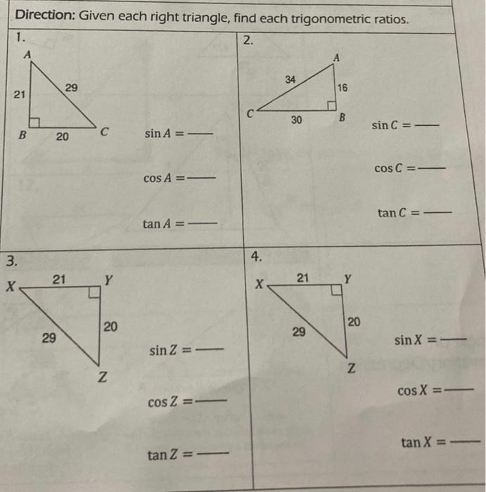 Solved Direction: Given each right triangle, find each | Chegg.com