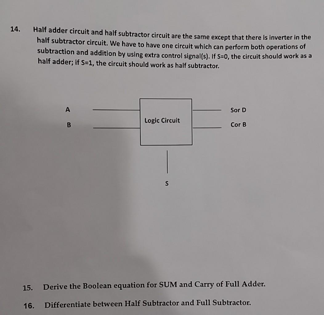 Solved 14. Half adder circuit and half subtractor circuit | Chegg.com