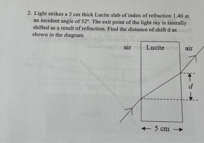 Solved 2. Light strikes a 5 cm thick Lucite slab of index of | Chegg.com