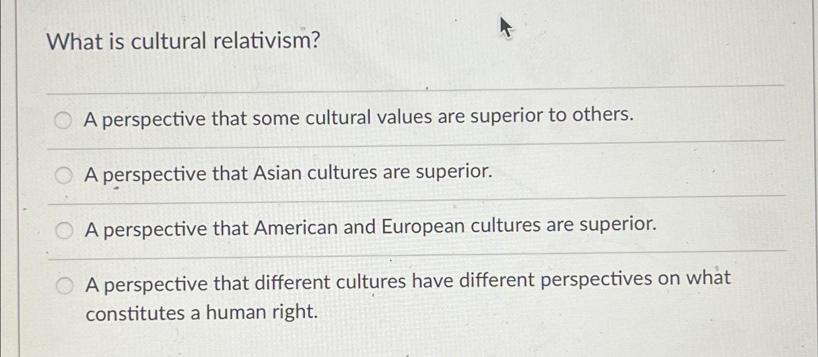 Solved What is cultural relativism?A perspective that some | Chegg.com