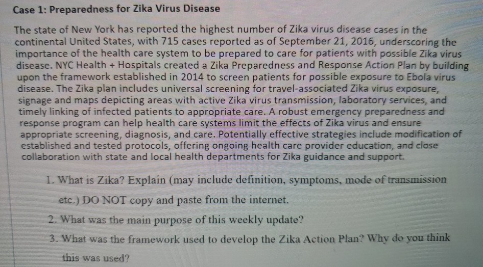 Solved Case 1: Preparedness for Zika Virus Disease The state | Chegg.com