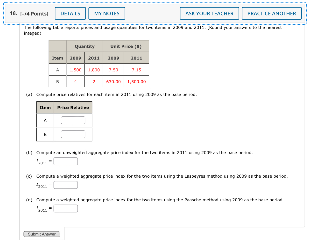 Solved [-/4 ﻿Points]The following table reports prices and | Chegg.com