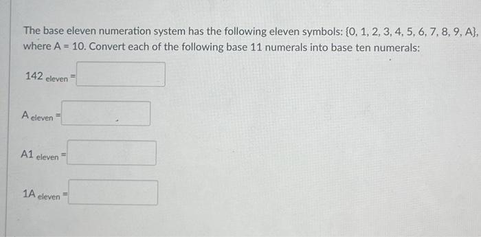 Solved The base eleven numeration system has the following | Chegg.com