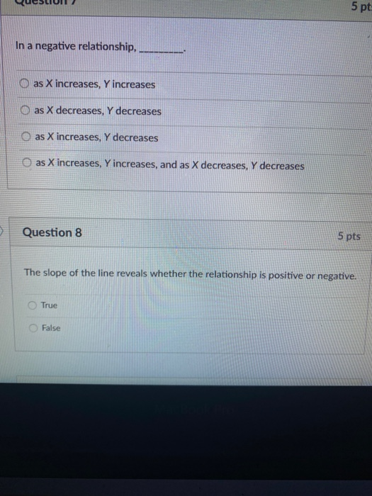 Solved 5 pt In a negative relationship, O as X increases, Y | Chegg.com