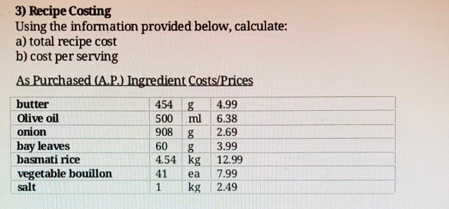 Solved 1) Calculating Unit Costs and Recipe Costs a) | Chegg.com