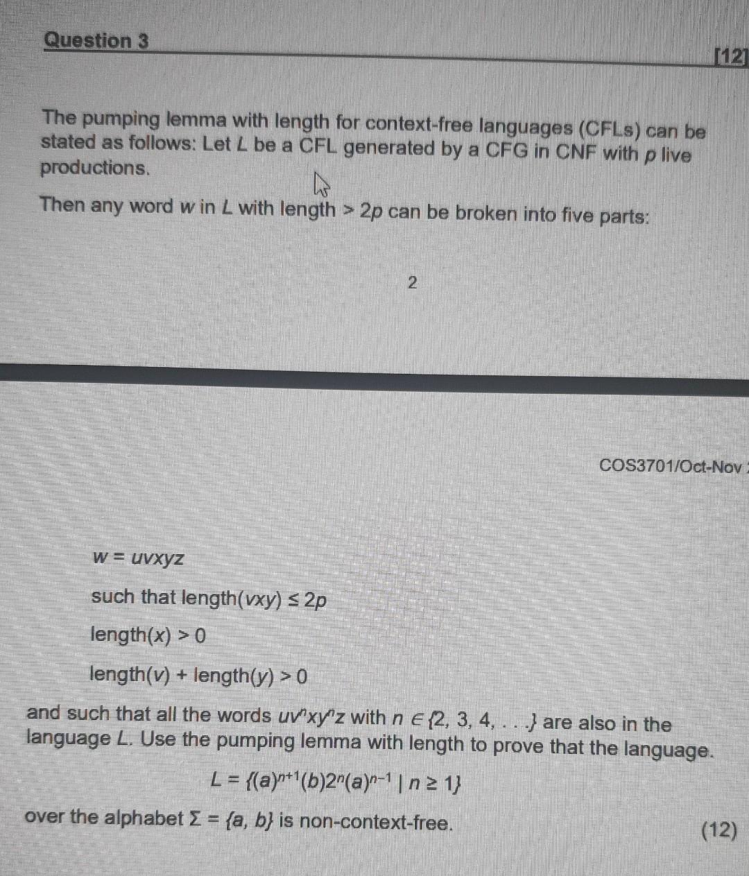 Solved The pumping lemma with length for context-free | Chegg.com