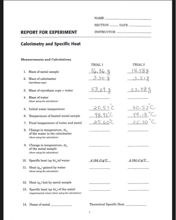 Solved NAME SECTION INSTRUCTOR DATE REPORT FOR EXPERIMENT | Chegg.com