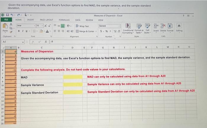 Solved Given the accompanying dato, use Excel's function | Chegg.com
