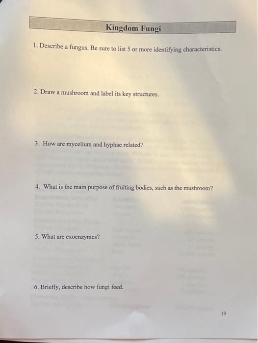 Solved Kingdom Fungi 1. Describe a fungus. Be sure to list 5 | Chegg.com