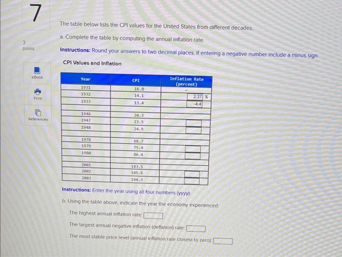 The table below lists the CPI values for the United | Chegg.com