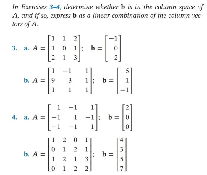 Solved In Exercises 3-4, determine whether b is in the | Chegg.com