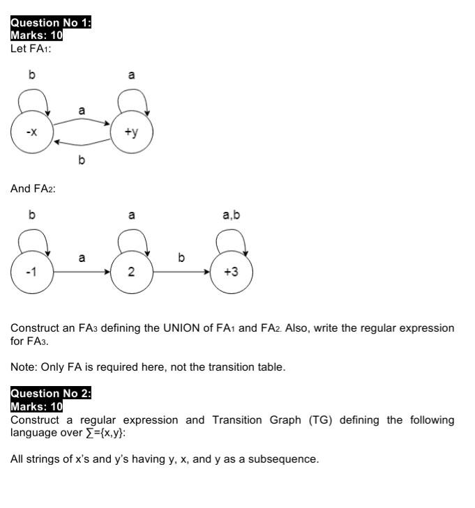 Solved Question No 1: Marks: 10 Let FA1: des .. And FA2: a,b | Chegg.com