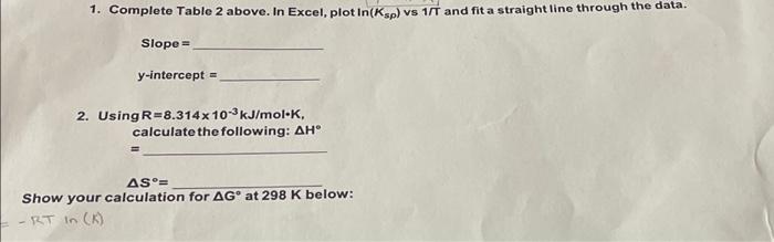Solved 1. Complete Table 2 above. In Excel, plot In (Ksp) vs | Chegg.com