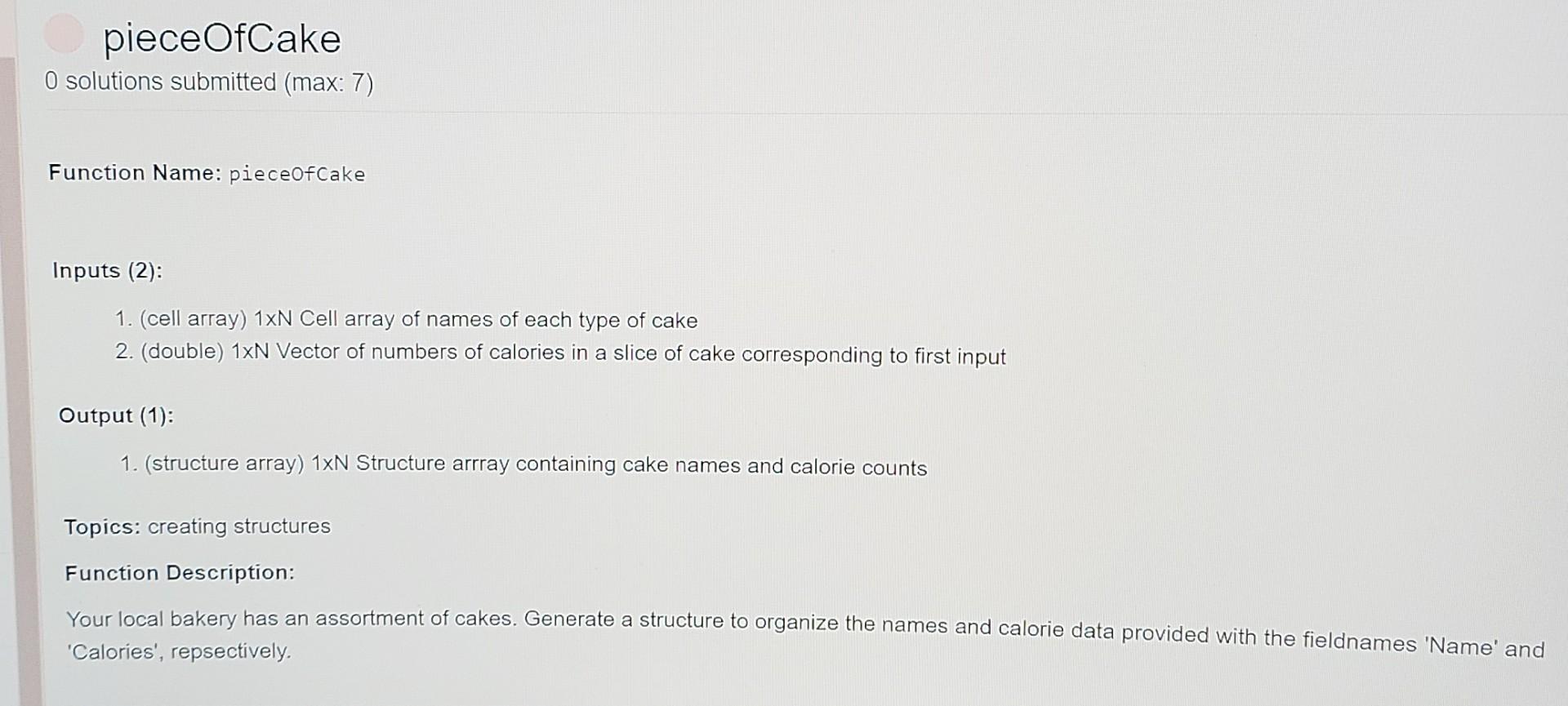 Solved pieceOfCake O solutions submitted (max: 7) Function | Chegg.com
