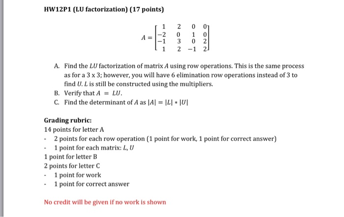 Solved Hw12p1 Lu Factorization 17 Points 1 1 2 1 11 2 0