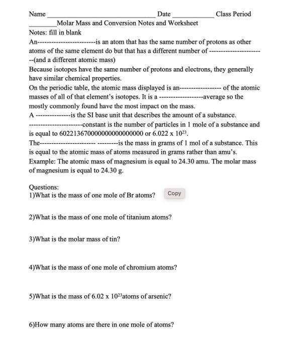 Solved Name Date Class Period Molar Mass and Conversion | Chegg.com