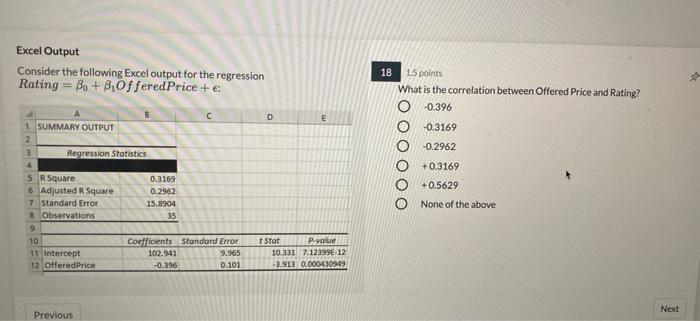 Solved Excel Output Consider the following Excel output for | Chegg.com