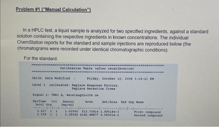 Solved Problem #1 (“Manual Calculation") In a HPLC test, a | Chegg.com