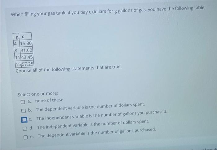Solved When filling your gas tank, if you pay c dollars for | Chegg.com