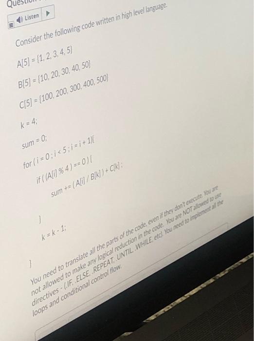 Solved Listen Consider the following code written in high | Chegg.com