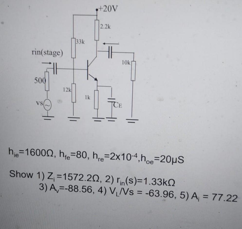 Solved hie=1600Ω,hfe=80,hre=2×10−4,hoe=20μS Show 1) | Chegg.com
