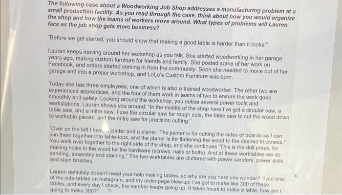 The following case about a Woodworking Job Shop | Chegg.com
