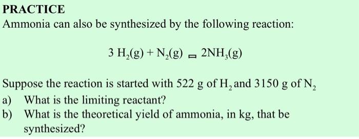 Solved PRACTICE Ammonia can also be synthesized by the | Chegg.com