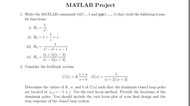 Solved Matlab Project 1 Write The Matlab Commands Tf 5300