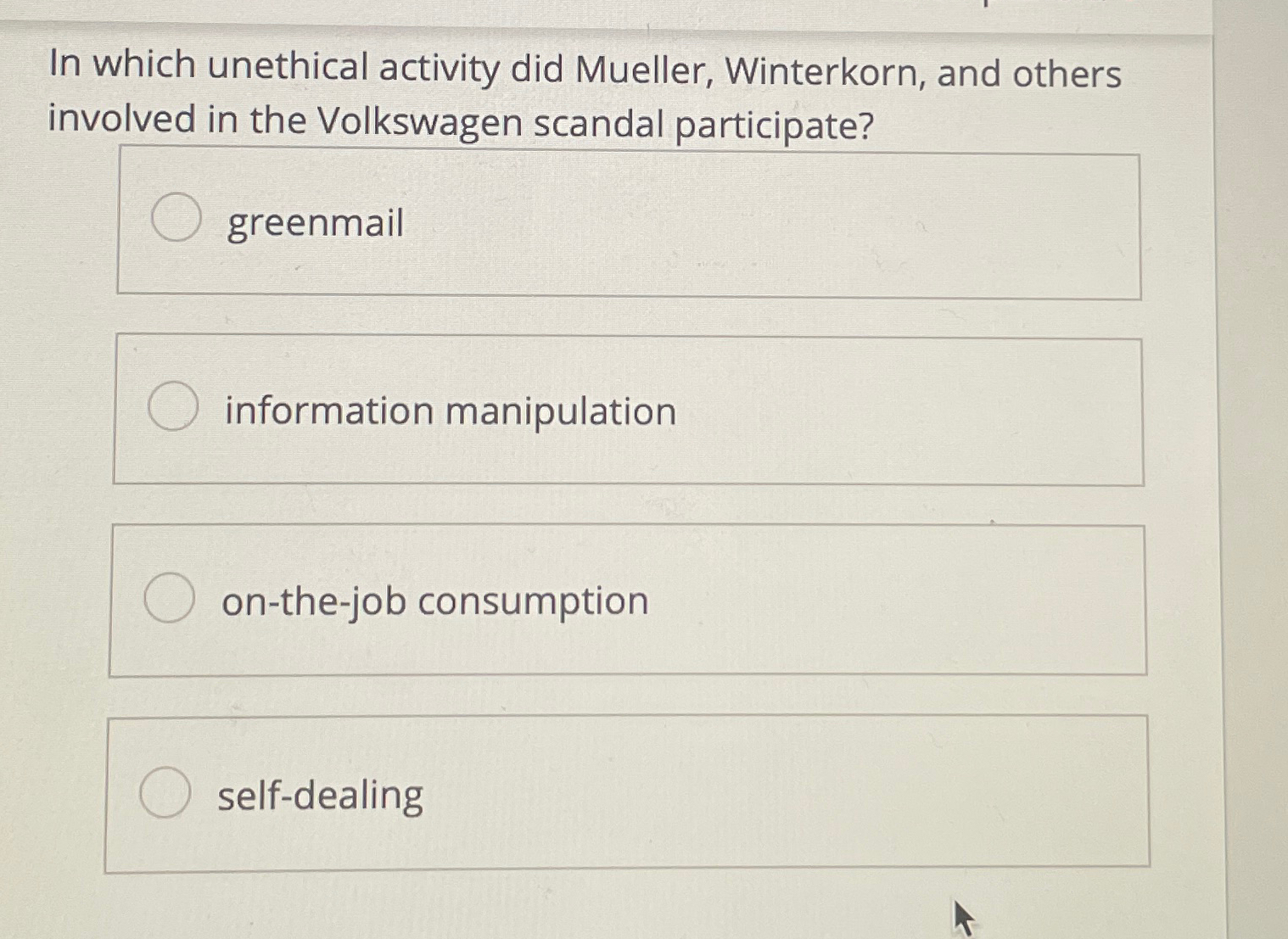 Solved In which unethical activity did Mueller, Winterkorn, | Chegg.com