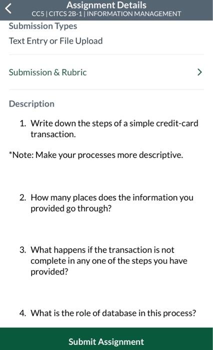 Solved Assignment Details CC5|CITCS 2B-1 | | Chegg.com