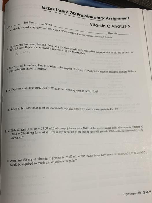 Solved Experiment 30 Prelaboratory Assignment Vitamin C | Chegg.com