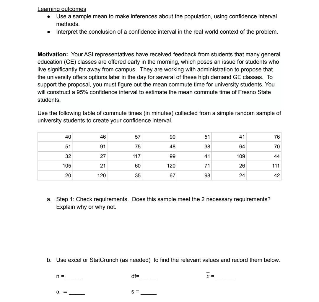 Solved Learning outcomes - Use a sample mean to make | Chegg.com