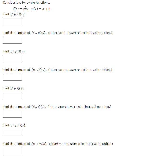 Solved Consider the following functions.f(x)=x2,g(x)=x+3Find | Chegg.com