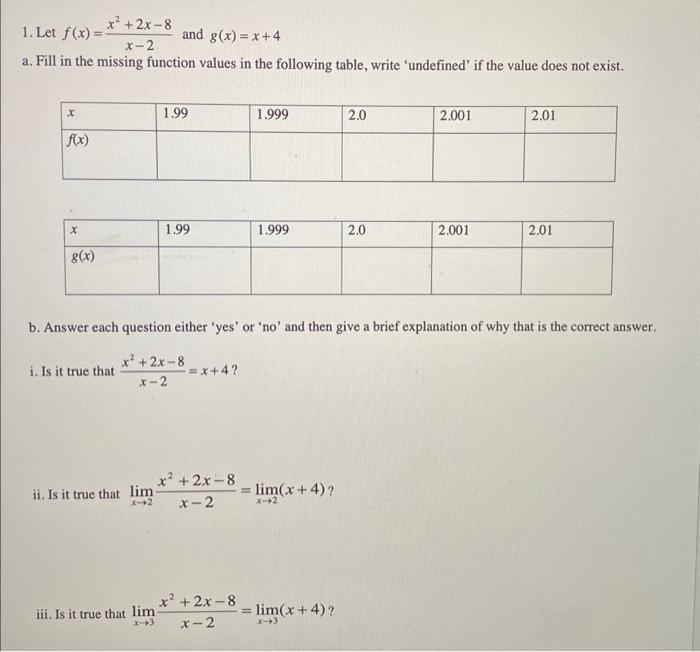 Solved 1. Let f(x)=x−2x2+2x−8 and g(x)=x+4 a. Fill in the | Chegg.com